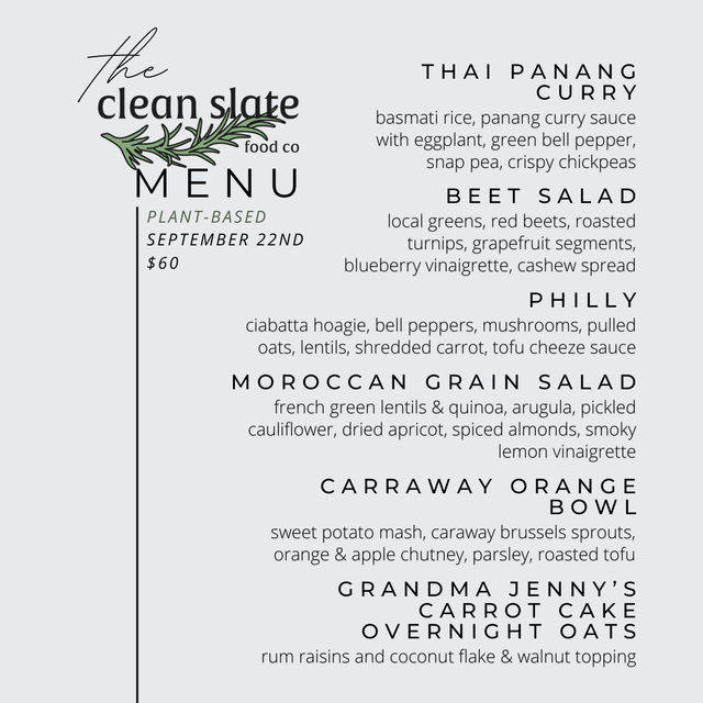 August 25th Chef's Choice Menu - Plant Based | Clean Slate Food Co.